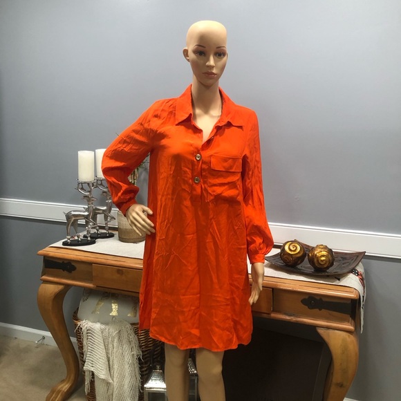 Zara | Dresses | Zara Sweet Orange Rust Double Pockets Button Dress ...